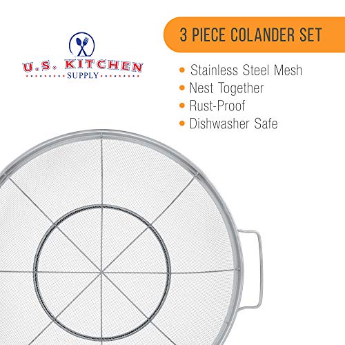 U.S. Kitchen Supply - 3 Piece Colander Set - Stainless Steel Mesh Strainer Net Baskets with Handles & Resting Base - 11" 5 Quart, 9.5" 4 Quart and 8.5" 3 Quart - Strain, Drain, Rinse, Steam or Cook