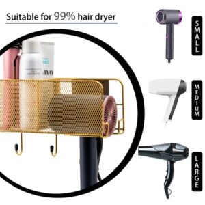 Hair Dryer Holder,Metal Hair Tool Organizer with 2 Hook,Bathroom Accessories Organizer for Hair Dryer, Curling Iron, Hair Brushes , Flat Iron, Hair Straightener,Gold Hair Styling Tools Organizer