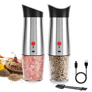 electric salt and pepper grinder mill rechargeable: - usb automatic gravity peppermills set, adjustable grind coarseness refillable auto peppercorn shaker, rechargable battery operated