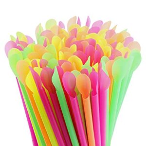 DEEBF 500 Pack Sno-Cone Spoon Straws, Mixed Neon Colors Disposable Plastic Straw, 8"