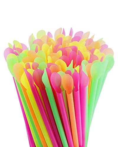 DEEBF 500 Pack Sno-Cone Spoon Straws, Mixed Neon Colors Disposable Plastic Straw, 8"