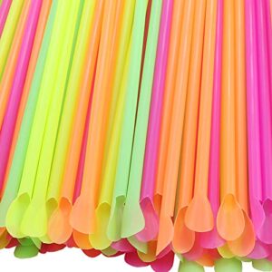 DEEBF 500 Pack Sno-Cone Spoon Straws, Mixed Neon Colors Disposable Plastic Straw, 8"