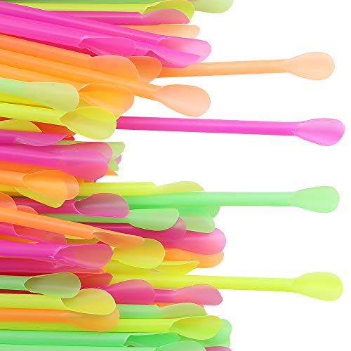 DEEBF 500 Pack Sno-Cone Spoon Straws, Mixed Neon Colors Disposable Plastic Straw, 8"