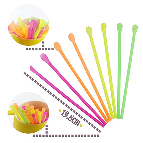 DEEBF 500 Pack Sno-Cone Spoon Straws, Mixed Neon Colors Disposable Plastic Straw, 8"