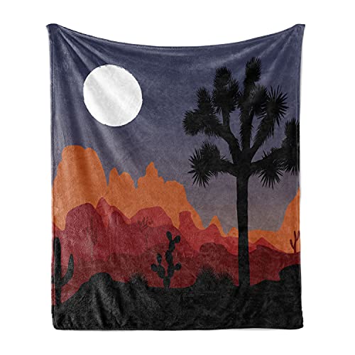 Lunarable Joshua Tree Throw Blanket, Cartoon Landscape Mountains Full Moon and Lonely Tree Desert Arizona Scene, Flannel Fleece Accent Piece Soft Couch Cover for Adults, 50" x 70", Multicolor