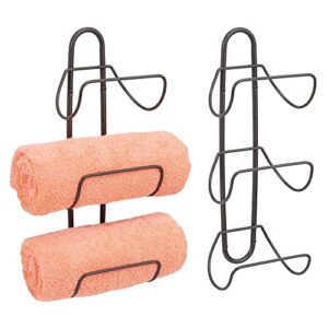 mdesign modern decorative metal 3-level wall mount towel rack holder and organizer for storage of bathroom towels, washcloths, hand towels - 2 pack - bronze