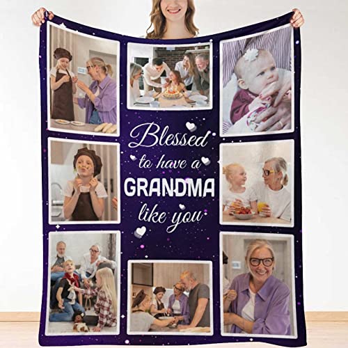 HUGLAZY Mothers Day Customized Blankets with Photos for Grandma Custom Personalized Picture Blanket Throw Birthday Gifts for Grandma Nana Gigi Grandmother from Granddaughter Grandson Grandkids