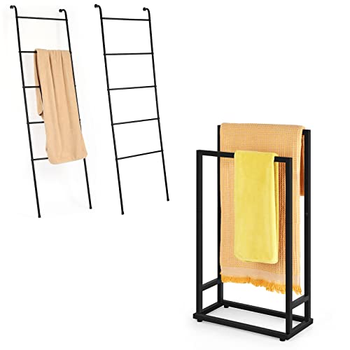 Metal Blanket Ladder Set of 2 Black Blanket Ladders and Free Standing Towel Rack 2 Tier Towel Holder Stand Hand Towel Drying Rack