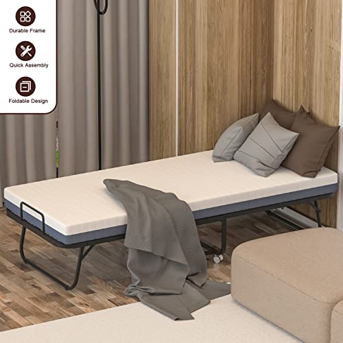 PONROL Folding Bed with Luxurious Memory Foam Mattress, Portable Foldable Roll Away Adult Bed for Guest, Space Saving Fold Up Soft Mattress Bed for Easy Storage, 75" L*31”W