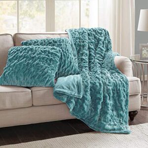 comfort spaces ruched faux fur plush 3 piece throw blanket set ultra soft fluffy with 2 square pillow covers, 50"x60", teal