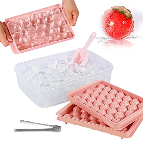 Round Ice Cube Tray, Ice Ball Maker Mold for Freezer with Lid & Bin, Easy Release Mini Sphere Ice Cube Mold Making 1.1IN X 66PCS Circle Small Ice Cube for Cocktail, Whisky(2 Pink Tray, 1 Scoop & Tong)