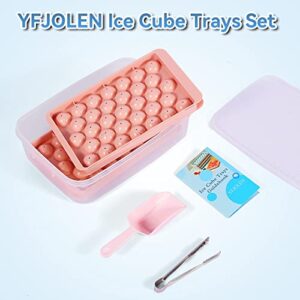 Round Ice Cube Tray, Ice Ball Maker Mold for Freezer with Lid & Bin, Easy Release Mini Sphere Ice Cube Mold Making 1.1IN X 66PCS Circle Small Ice Cube for Cocktail, Whisky(2 Pink Tray, 1 Scoop & Tong)