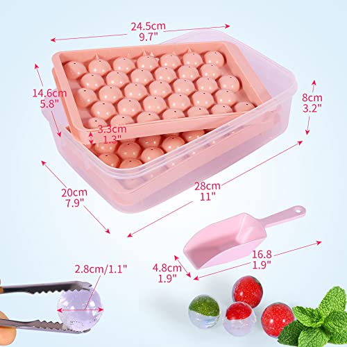 Round Ice Cube Tray, Ice Ball Maker Mold for Freezer with Lid & Bin, Easy Release Mini Sphere Ice Cube Mold Making 1.1IN X 66PCS Circle Small Ice Cube for Cocktail, Whisky(2 Pink Tray, 1 Scoop & Tong)