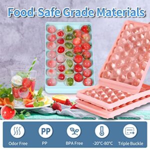 Round Ice Cube Tray, Ice Ball Maker Mold for Freezer with Lid & Bin, Easy Release Mini Sphere Ice Cube Mold Making 1.1IN X 66PCS Circle Small Ice Cube for Cocktail, Whisky(2 Pink Tray, 1 Scoop & Tong)