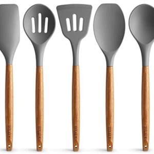 Zulay Kitchen Utensils Set - Non-Stick Silicone Cooking Utensils Set with Authentic Acacia Wood Handles - 5 Piece Silicone Utensil Set - Silicone Kitchen Utensils Set (Gray)