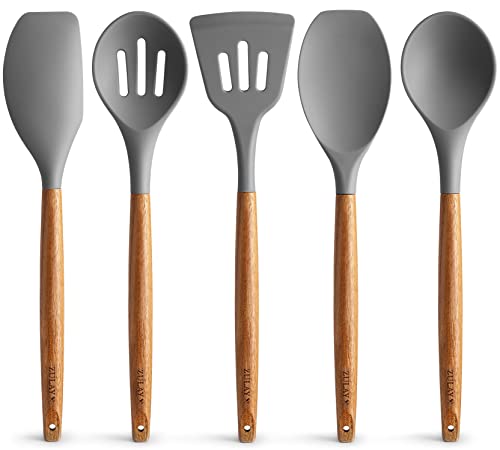 Zulay Kitchen Utensils Set - Non-Stick Silicone Cooking Utensils Set with Authentic Acacia Wood Handles - 5 Piece Silicone Utensil Set - Silicone Kitchen Utensils Set (Gray)