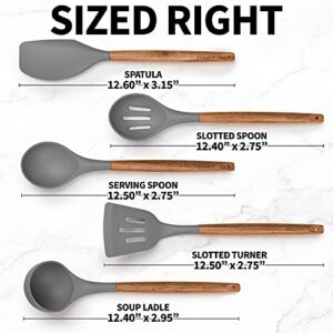 Zulay Kitchen Utensils Set - Non-Stick Silicone Cooking Utensils Set with Authentic Acacia Wood Handles - 5 Piece Silicone Utensil Set - Silicone Kitchen Utensils Set (Gray)