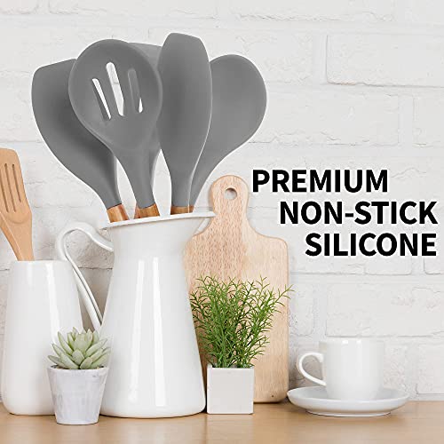 Zulay Kitchen Utensils Set - Non-Stick Silicone Cooking Utensils Set with Authentic Acacia Wood Handles - 5 Piece Silicone Utensil Set - Silicone Kitchen Utensils Set (Gray)