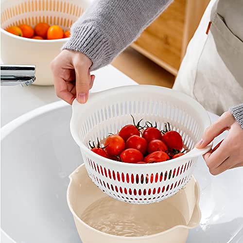 2 in 1 Kitchen Colander Set with Bowl Strainer (2 Sets 3 Qt),BPA Free Plastic Fruits and Vegetable Washing Basket,Dishwasher Friendly Double Layered Drain Basin,for Pasta Salad Berry Cleaning Mixing