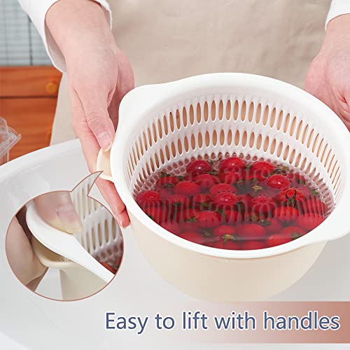 2 in 1 Kitchen Colander Set with Bowl Strainer (2 Sets 3 Qt),BPA Free Plastic Fruits and Vegetable Washing Basket,Dishwasher Friendly Double Layered Drain Basin,for Pasta Salad Berry Cleaning Mixing