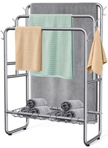 40" h standing towel rack with 2 storage baskets & 6 hooks, 3 tier silver metal towel holder for extra large towel, modern industrial blanket ladder display and drying rack for bedroom bathroom