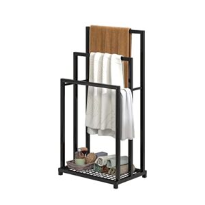 elegant home products freestanding towel rack holder, 3 tier blanket rack stand with metal shelf for bathroom living room outdoor(3-tiers, black)