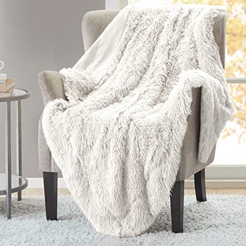 Hyde Lane White Fluffy Throw Blanket for Couch ，2 Way Reversible Ultra Soft Long Faux Fur Fuzzy Plush Blankets for Home，As A Gift for Women -50x60 Ivory