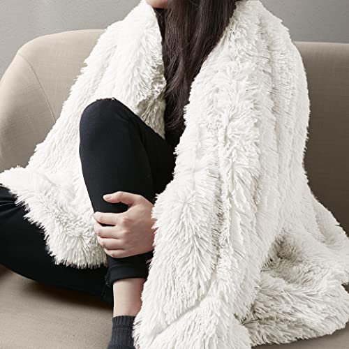 Hyde Lane White Fluffy Throw Blanket for Couch ，2 Way Reversible Ultra Soft Long Faux Fur Fuzzy Plush Blankets for Home，As A Gift for Women -50x60 Ivory