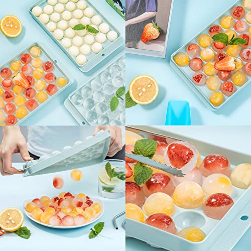 Gracenal Circle Ice Cube Tray, Round Ice Cube Trays for Freezer with Lid and Bin, Ice Tray Making 66pcs Sphere Ice Cube Mold, Ice Ball Maker for Coffee Cocktail Whiskey, Ice Buckets Tongs Scoop Straw