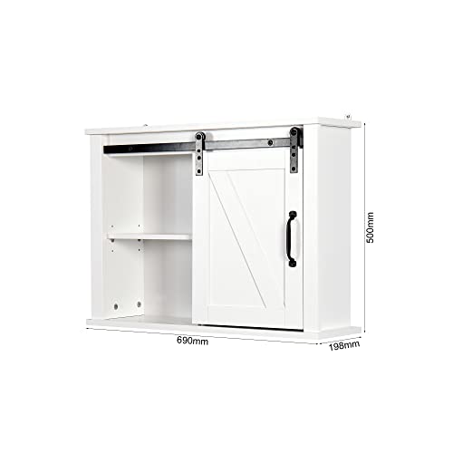 HONHPD Farmhouse Bathroom Wall Storage Cabinet, Over The Toilet Medicine Cabinet, Space Saving Sliding Barn Door Cupboard with Adjustable Shelves & Metal Handles, 27.2" L x 7.8" W x 19.7" H (White)