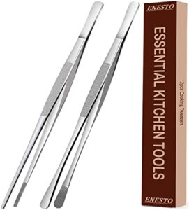 enesto kitchen tweezers stainless steel - food tweezers set 12 inch, fine tweezer tongs, extra long tweezers 2 pcs, professional cooking tweezers with precision serrated tips cooking tongs