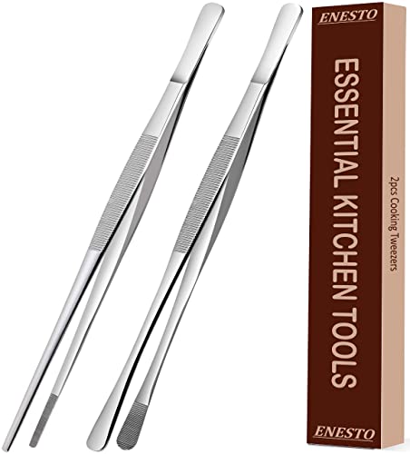 ENESTO Kitchen Tweezers Stainless Steel - Food Tweezers Set 12 inch, Fine Tweezer Tongs, Extra Long Tweezers 2 pcs, Professional Cooking Tweezers with Precision Serrated Tips Cooking Tongs