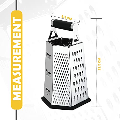 Utopia Kitchen - Cheese Grater & Shredder - Stainless Steel - 6 Sided Box Grater - Large Grating Surface with 6 Razor Sharp Blades - Non Slippery rubber bottom - Perfect to Slice, Grate, Shred & Zest Fruits, Vegetables, Cheeses & Many more! (Black)