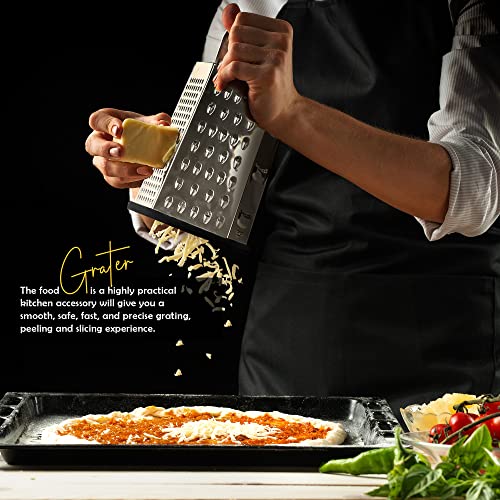 Utopia Kitchen - Cheese Grater & Shredder - Stainless Steel - 6 Sided Box Grater - Large Grating Surface with 6 Razor Sharp Blades - Non Slippery rubber bottom - Perfect to Slice, Grate, Shred & Zest Fruits, Vegetables, Cheeses & Many more! (Black)