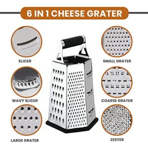 Utopia Kitchen - Cheese Grater & Shredder - Stainless Steel - 6 Sided Box Grater - Large Grating Surface with 6 Razor Sharp Blades - Non Slippery rubber bottom - Perfect to Slice, Grate, Shred & Zest Fruits, Vegetables, Cheeses & Many more! (Black)