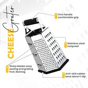 Utopia Kitchen - Cheese Grater & Shredder - Stainless Steel - 6 Sided Box Grater - Large Grating Surface with 6 Razor Sharp Blades - Non Slippery rubber bottom - Perfect to Slice, Grate, Shred & Zest Fruits, Vegetables, Cheeses & Many more! (Black)