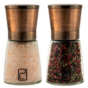 premium salt and pepper grinder set - best copper stainless steel mill for home chef, magnetic lids, smooth ceramic spice grinders with easy adjustable coarseness, top salt and pepper shakers - 6 oz