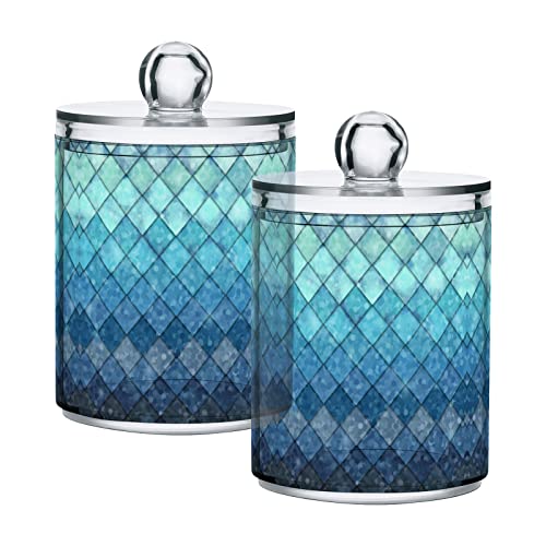 ALAZA 2 Pack Qtip Holder Dispenser Mermaid Scale Bathroom Organizer Canisters for Cotton Balls/Swabs/Pads/Floss,Plastic Apothecary Jars for Vanity 128