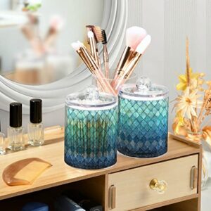 ALAZA 2 Pack Qtip Holder Dispenser Mermaid Scale Bathroom Organizer Canisters for Cotton Balls/Swabs/Pads/Floss,Plastic Apothecary Jars for Vanity 128