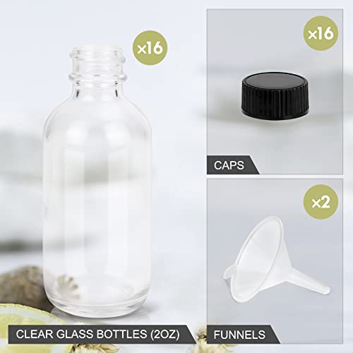 Rionisor 2OZ Small Glass Bottles with Lids and Funnels, 60ml Boston Round Glass Bottles, Leakage-Proof Mini Travel Bottles, Perfect for Diy Essential Oils, Perfumes, Whiskey and Juices, 16Pack Clear