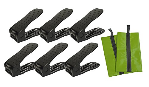 2018 NEW Black Shoe Organizer Space Saver for Closet Shoe Slots Set of 6 Bundle- with Waterproof Travel Shoe Storage Bags Set of 2 (Green)