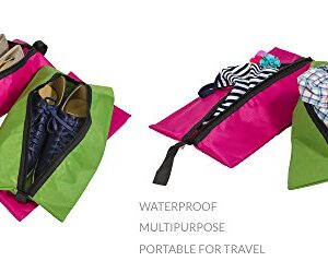 2018 NEW Black Shoe Organizer Space Saver for Closet Shoe Slots Set of 6 Bundle- with Waterproof Travel Shoe Storage Bags Set of 2 (Green)