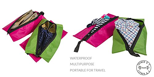 2018 NEW Black Shoe Organizer Space Saver for Closet Shoe Slots Set of 6 Bundle- with Waterproof Travel Shoe Storage Bags Set of 2 (Green)