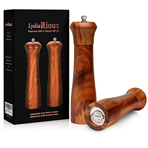 Wooden Salt and Pepper Grinder Set - Premium Acacia Wood Grinders with Adjustable Ceramic Grinding Mechanism - 8 inch Refillable Salt and Pepper Mills