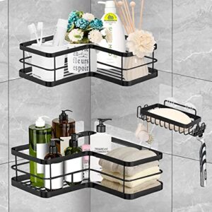 homyfort adhesive corner shower caddy shelf basket rack and bar soap holder with 4 hooks, rust proof no drilling shower organizer corner shower basket for bathroom toilet kitchen storage, black