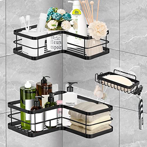 homyfort Adhesive Corner Shower Caddy Shelf Basket Rack and Bar Soap Holder with 4 Hooks, Rust Proof No Drilling Shower Organizer Corner Shower Basket for Bathroom Toilet Kitchen Storage, Black