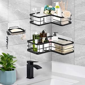 homyfort Adhesive Corner Shower Caddy Shelf Basket Rack and Bar Soap Holder with 4 Hooks, Rust Proof No Drilling Shower Organizer Corner Shower Basket for Bathroom Toilet Kitchen Storage, Black