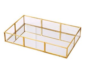 vintage glass tray countertop holder dresser cosmetic organizer bathroom dish display decorative centerpiece desktop storage organizer for vanity perfume jewelry trinket, rectangle