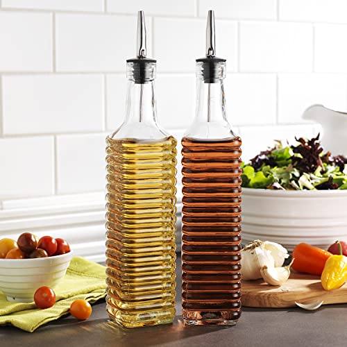 MosJos Oil and Vinegar Dispenser Set - 17 oz Ribbed Glass Olive Oil & Vinegar Cruet Set - Non-Drip, BPA-Free, Dishwasher Friendly Bottles with Stainless Steel Spouts (‎Clear Square)