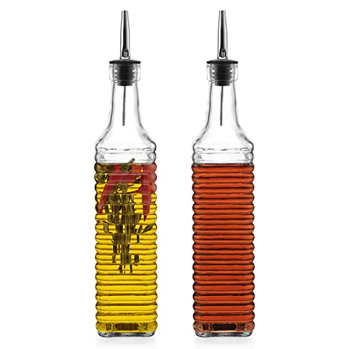 MosJos Oil and Vinegar Dispenser Set - 17 oz Ribbed Glass Olive Oil & Vinegar Cruet Set - Non-Drip, BPA-Free, Dishwasher Friendly Bottles with Stainless Steel Spouts (‎Clear Square)